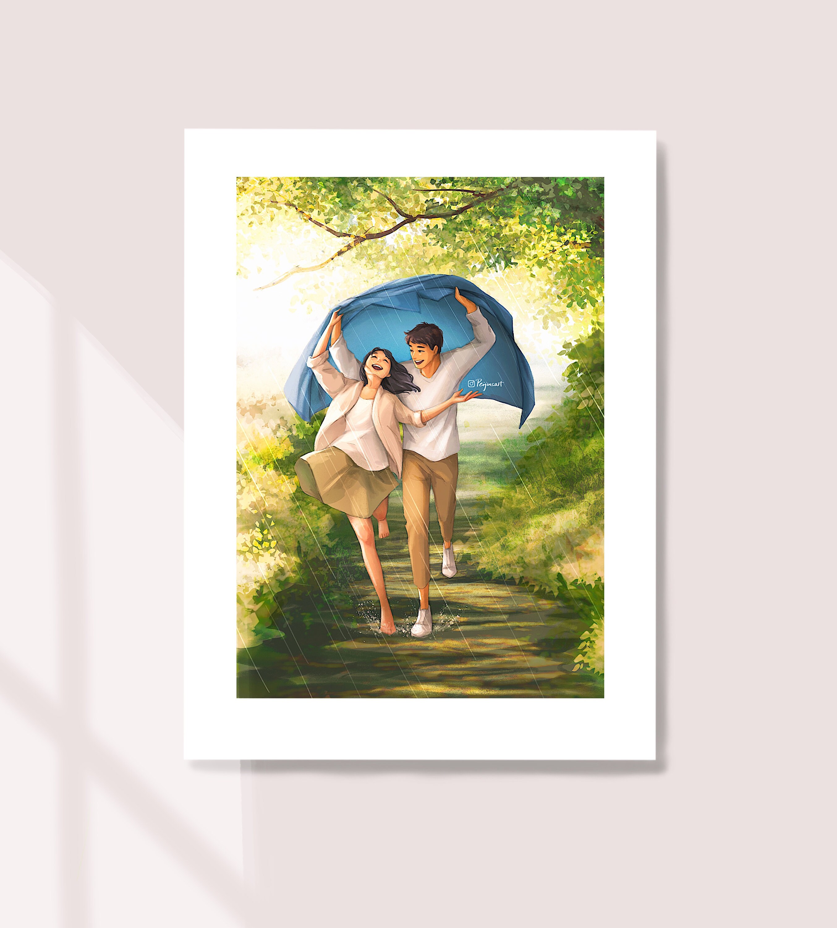 Sun Shower - Art Print - Rainy Day - Couple Art - Happy Couple ...