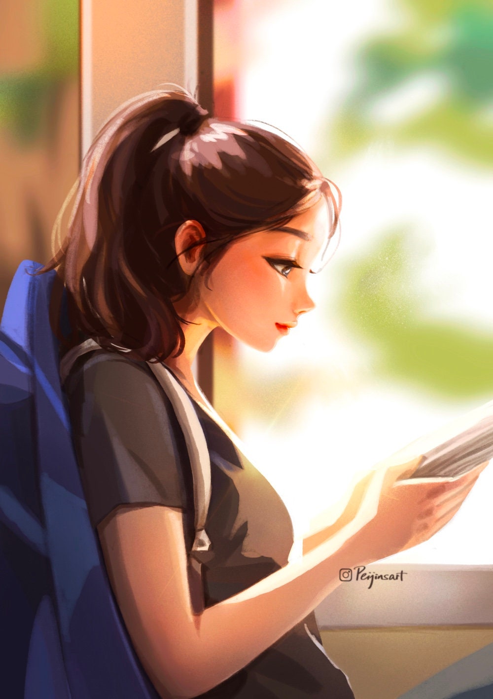 Reading Time Art Print Cute Girl Sunlight in Bus - Etsy