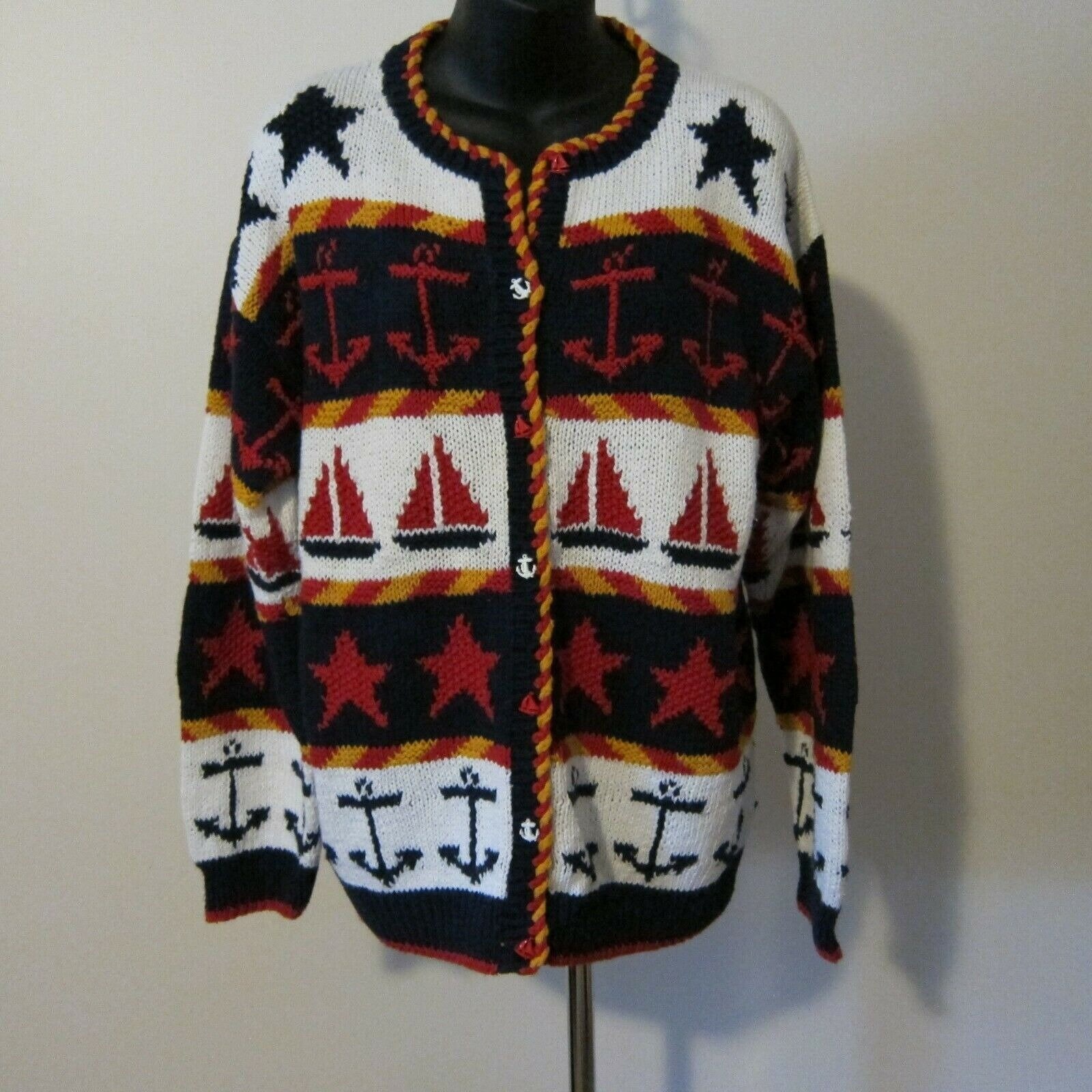 Vtg Bellepointe Sailing Cardigan Anchor Star Sz M Sweater Nautical ...