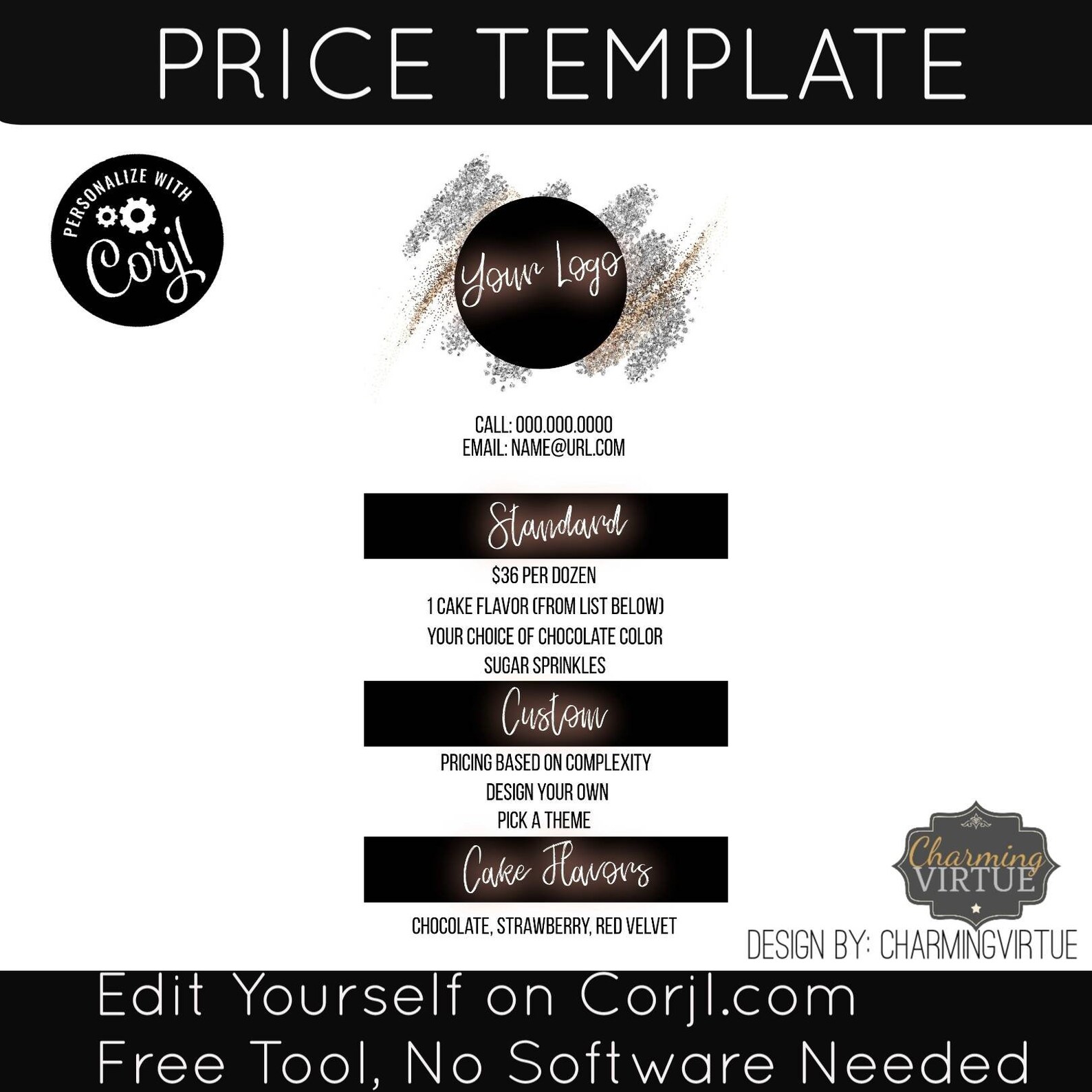 Metallic Gold Silver Glow Glitter PRICING SHEET Template | Etsy