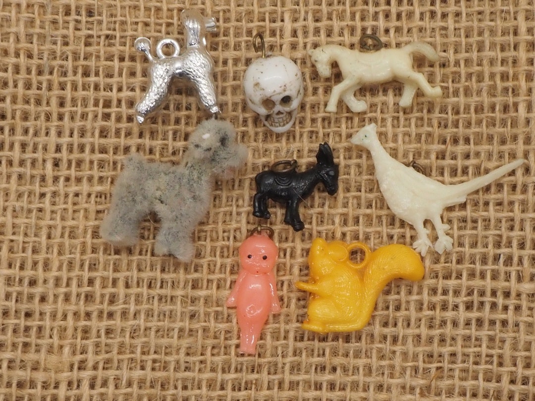 Vintage Celluloid Animal Charms: Kewpie Doll, Poodle, Squirrel, Donkey ...