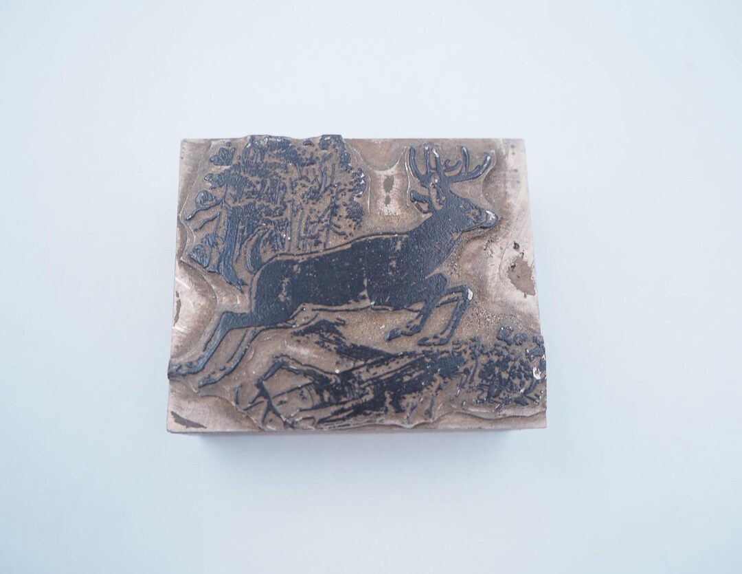 Vintage Stag Deer Printers Block Metal on Wood Antique Letterpress ...