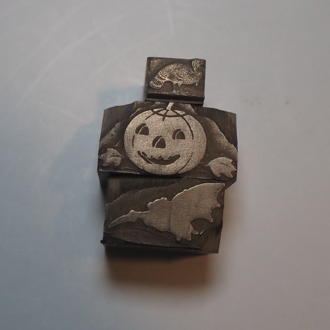 Vintage Print Block Metal Printing Block Set of Three Pumpkin Bat ...