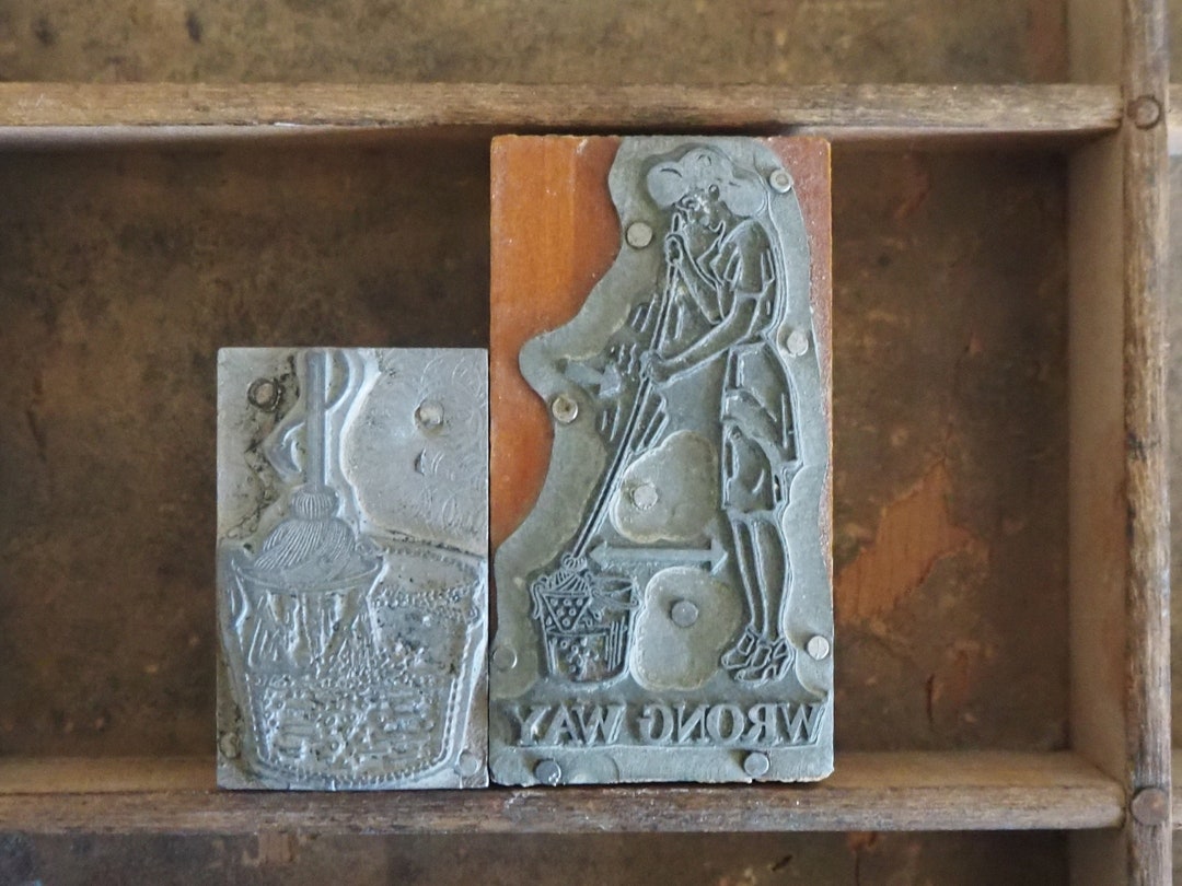 Vintage Letter Block Print Metal on Wood Printing Block Woman With Mop and Mop Bucket Set of Two ...