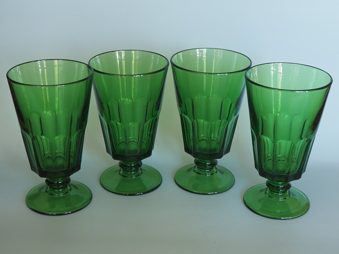 Vintage Paneled Emerald Green Goblets Set of Four Footed Glassware ...