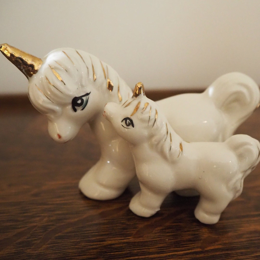 Vintage Unicorns Mom and Baby Ceramic Unicorns White With Gold ...