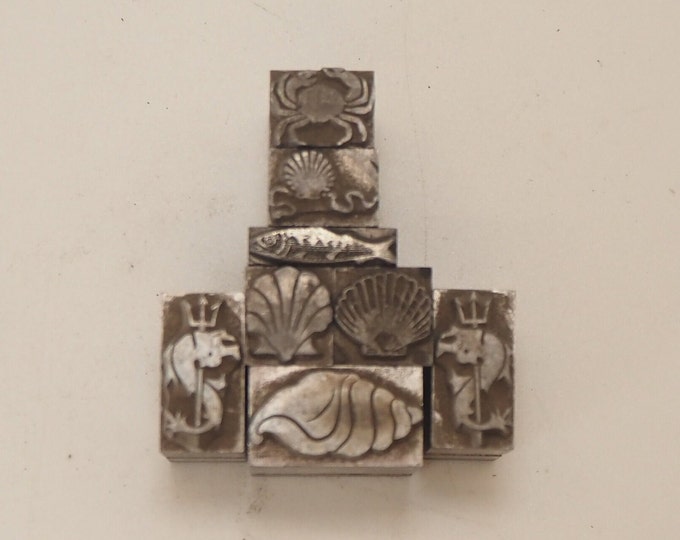 Vintage Ocean Sea Life Seahorses Shells Fish Crab Print Block Metal ...