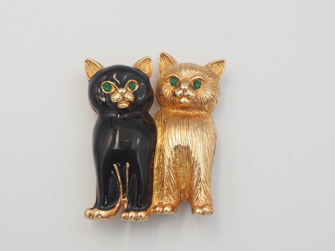 Vintage Swarovski Cats Brooch Pin 1960's Black and Gold With Green Eyes ...