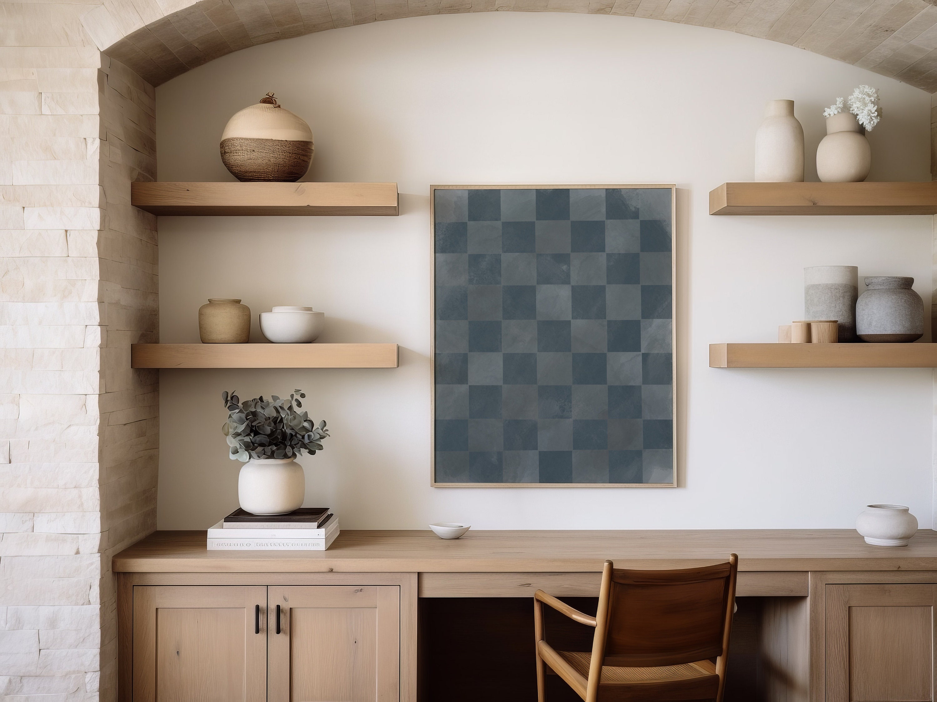 Checkered Wall Art, Modern Checkered Art Print, Moody Slate Blue Art ...