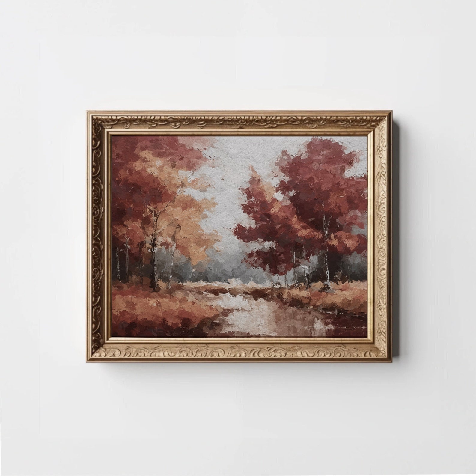 Moody Fall Print, Burgundy Vintage Landscape Wall Art, Rustic Wall ...