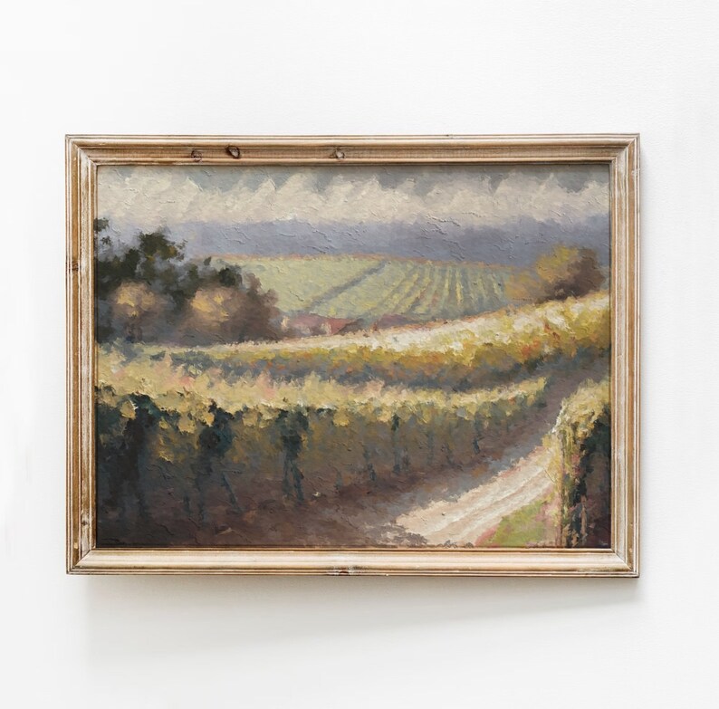Vineyard Landscape Painting, Rustic Vineyard Field Printable Art, Moody ...