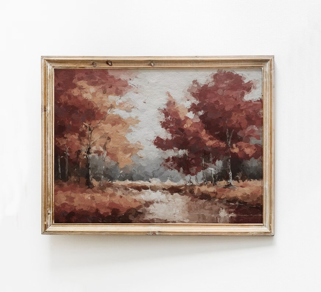 Moody Fall Print, Burgundy Vintage Landscape Wall Art, Rustic Wall ...