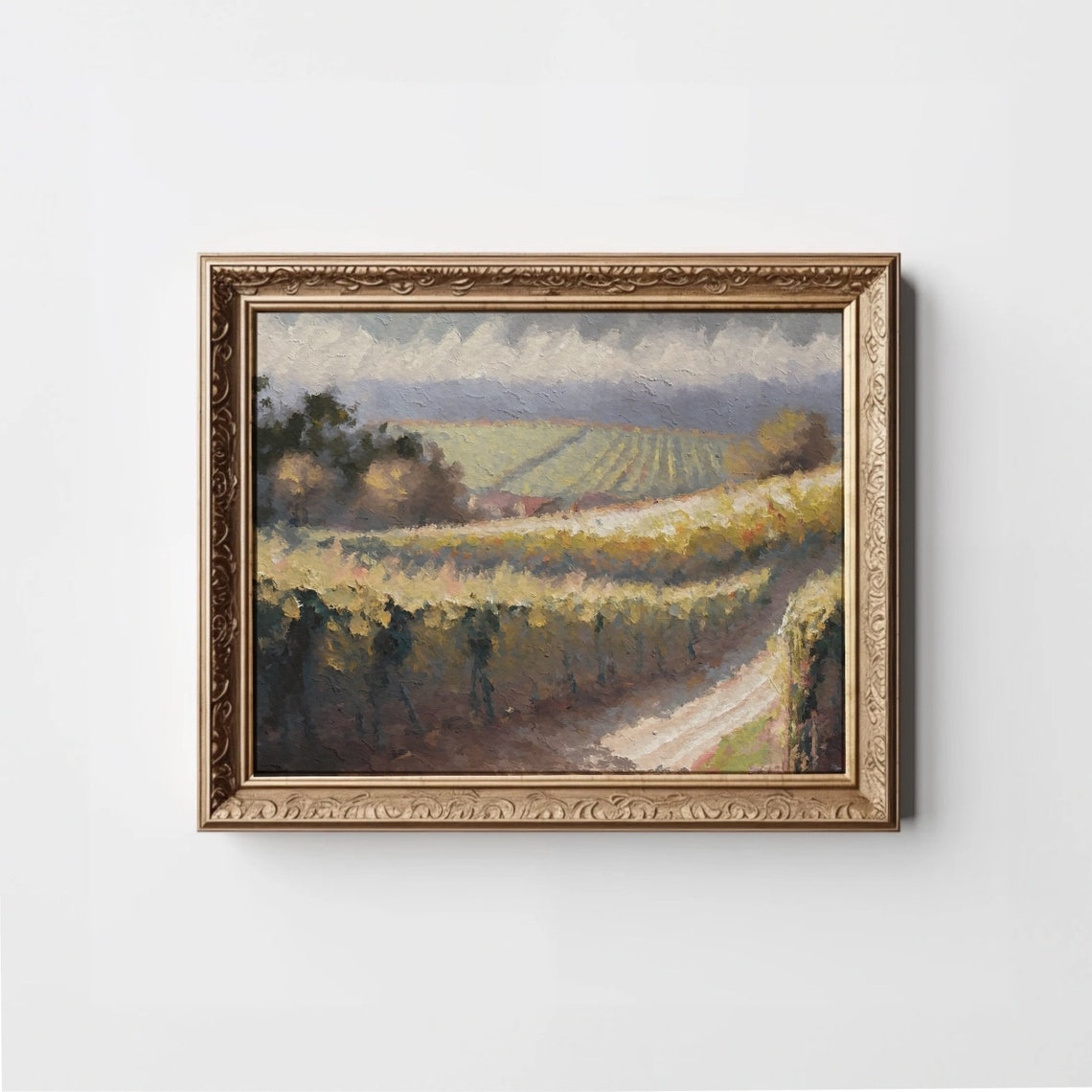 Vineyard Landscape Painting, Rustic Vineyard Field Printable Art, Moody ...