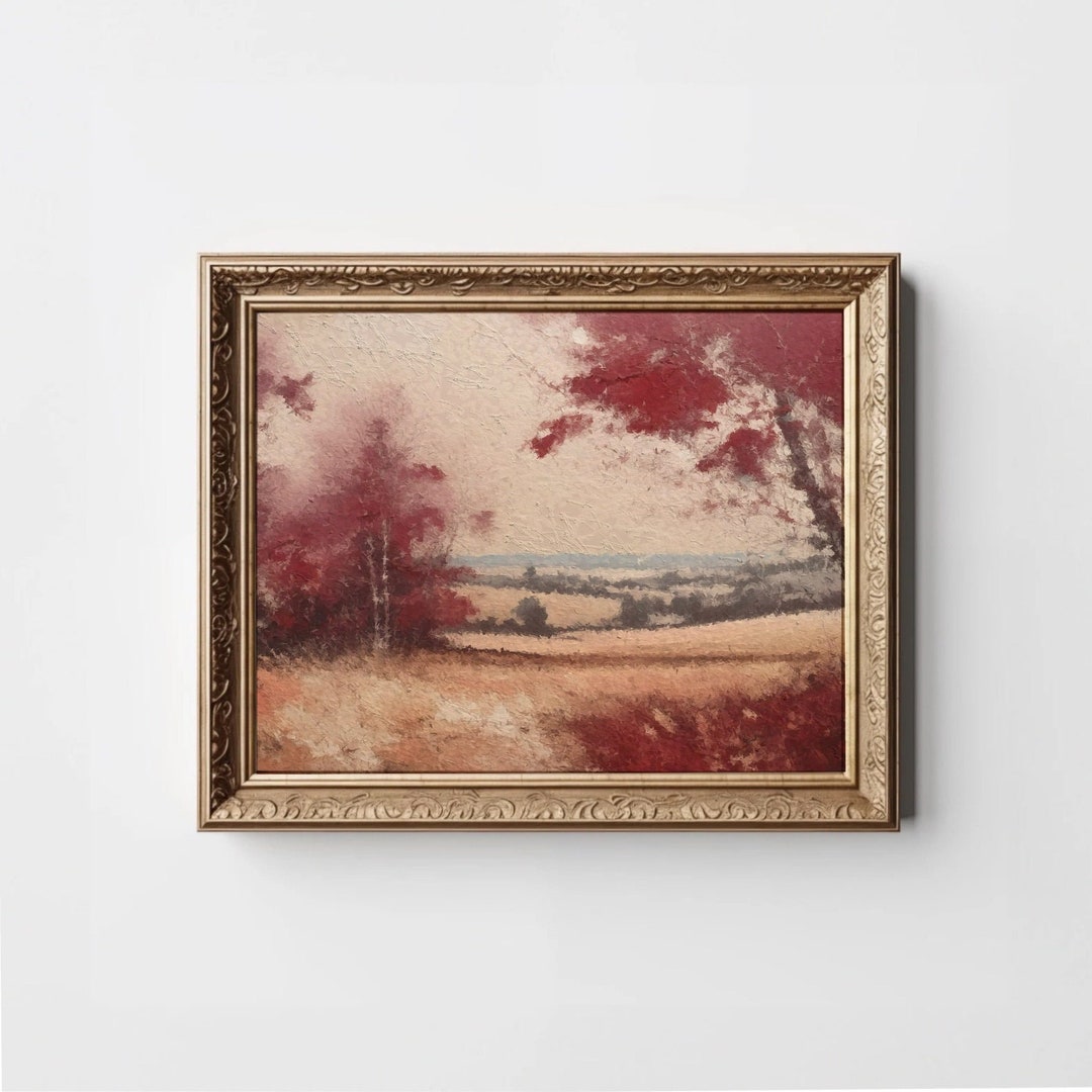 Moody Fall Print, Burgundy Vintage Landscape Wall Art, Rustic Wall ...