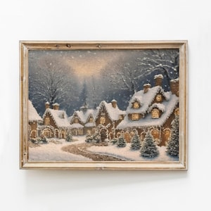 Gingerbread Village Print, Winter Landscape Painting, Gingerbread House ...