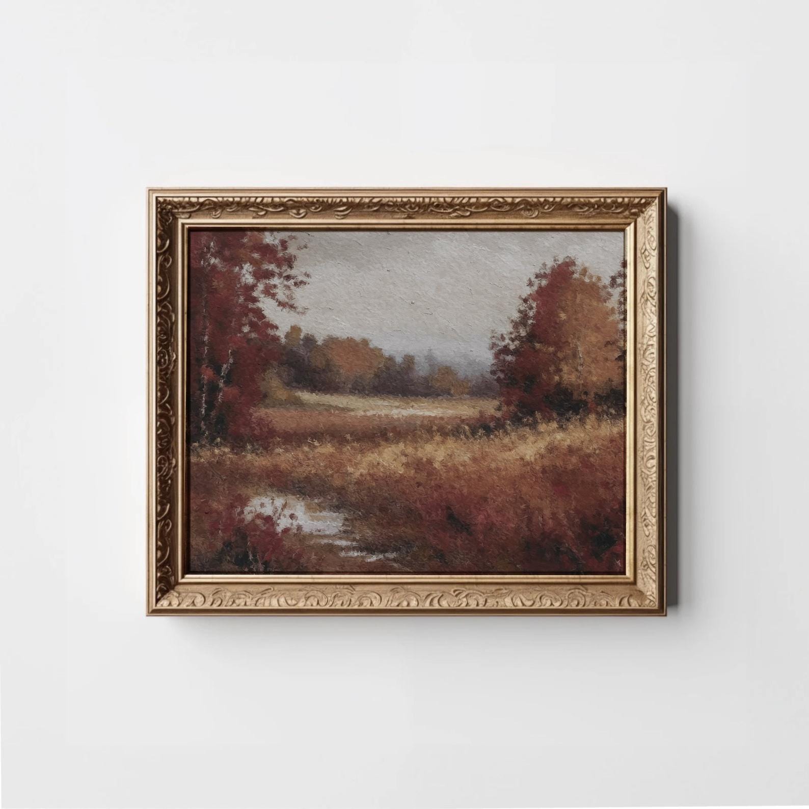 Dark Moody Fall Art Print, Burgundy Vintage Landscape Wall Art, Rustic ...