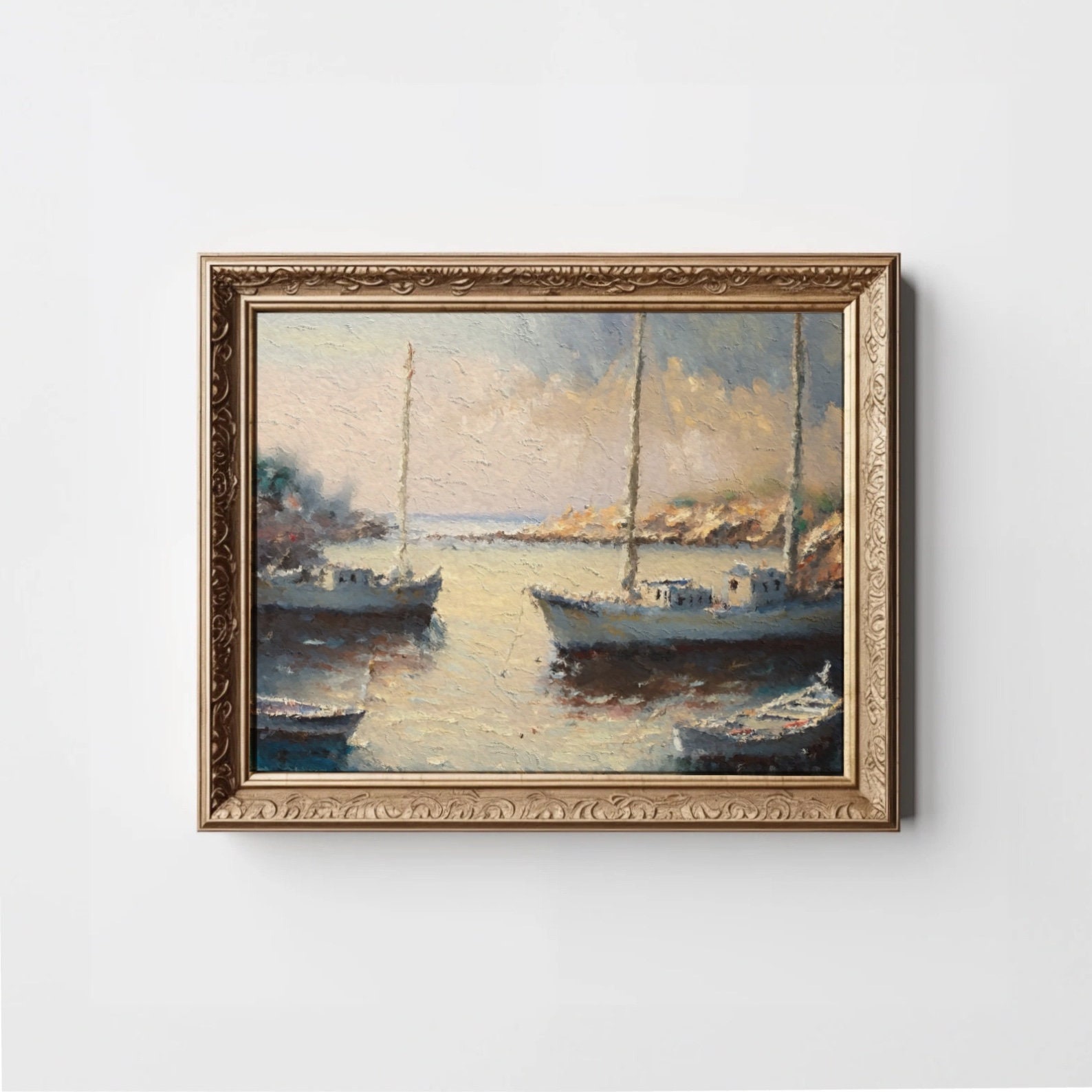 Harbor Art Print, Marina Landscape Painting, Moody Vintage Print ...