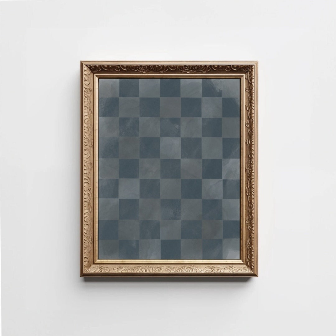 Checkered Wall Art, Modern Checkered Art Print, Moody Slate Blue Art ...