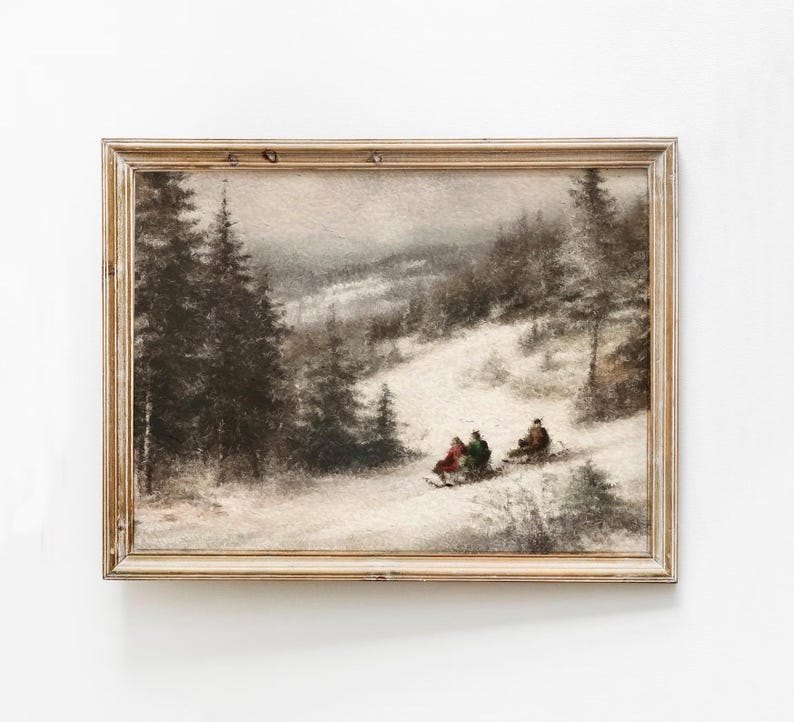 Sledding Winter Landscape Painting, Snowy Hill Forest Printable, Moody ...