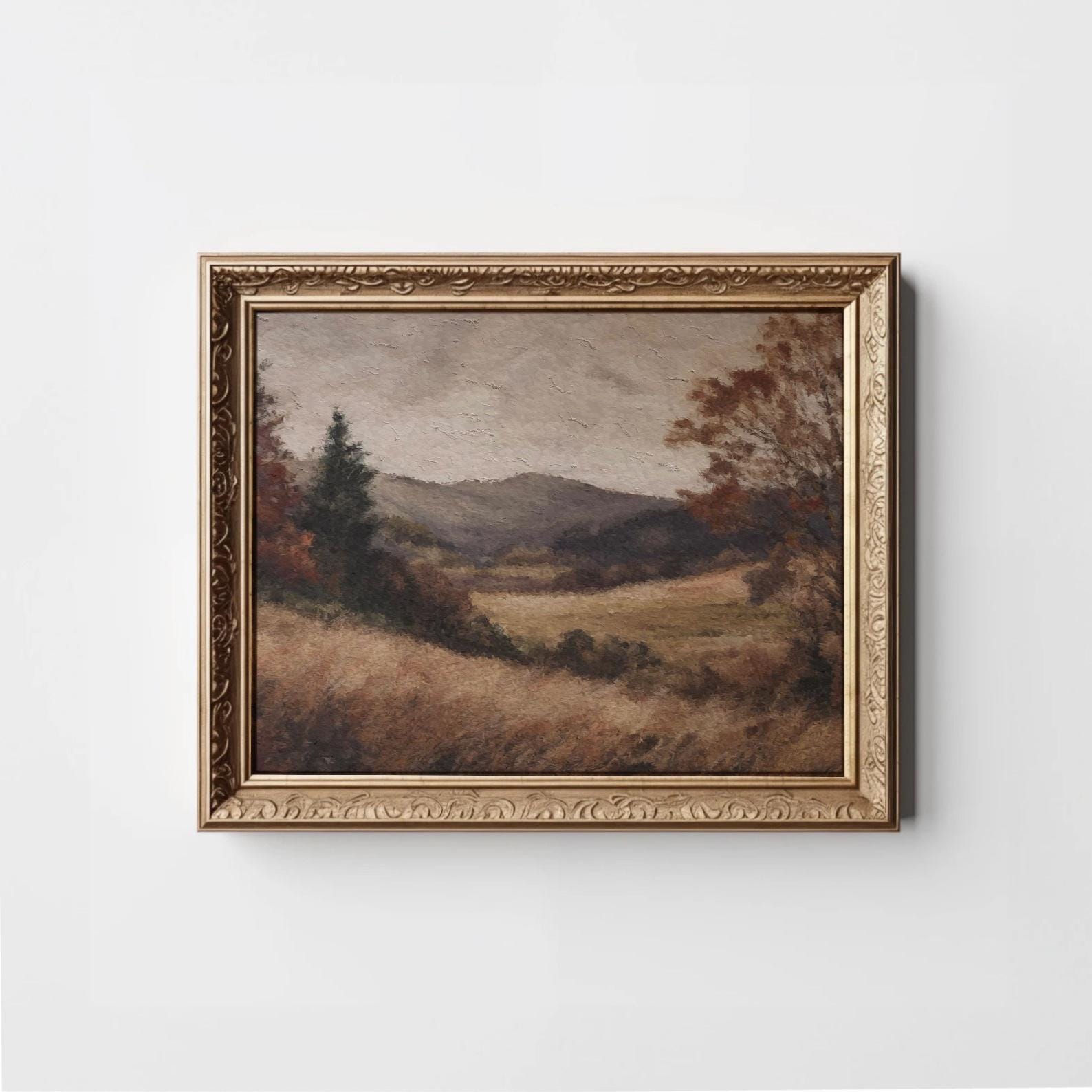 Dark Moody Fall Print, Brown Vintage Landscape Wall Art, Rustic ...