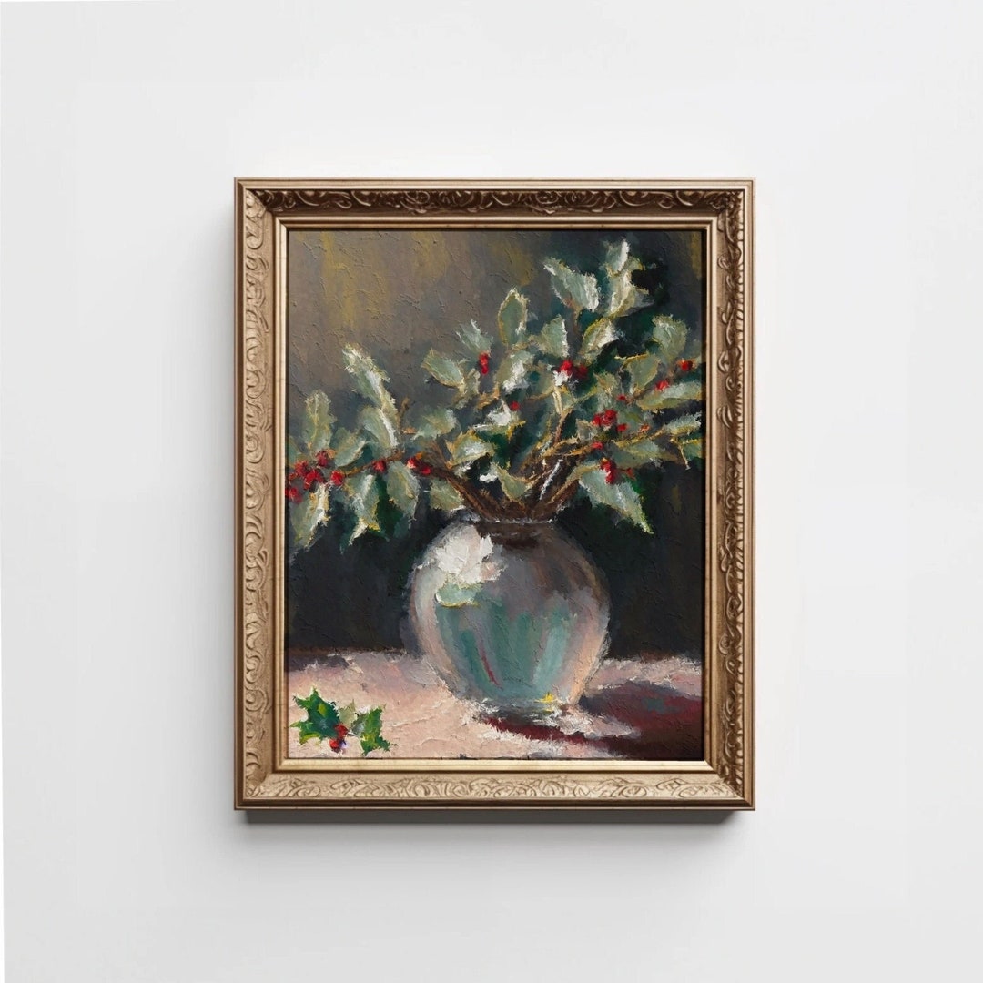 Moody Holly Print, Vintage Holly Branch Painting, Rustic Holly Berries ...