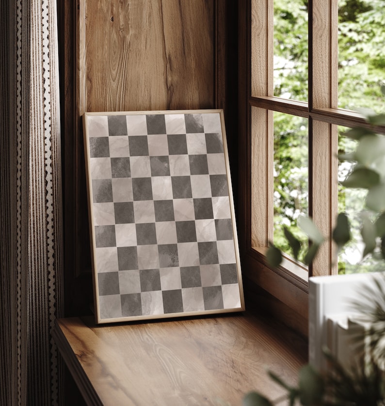 Vintage Checkerboard Print, Modern Checkered Art Print, Neutral Checker ...