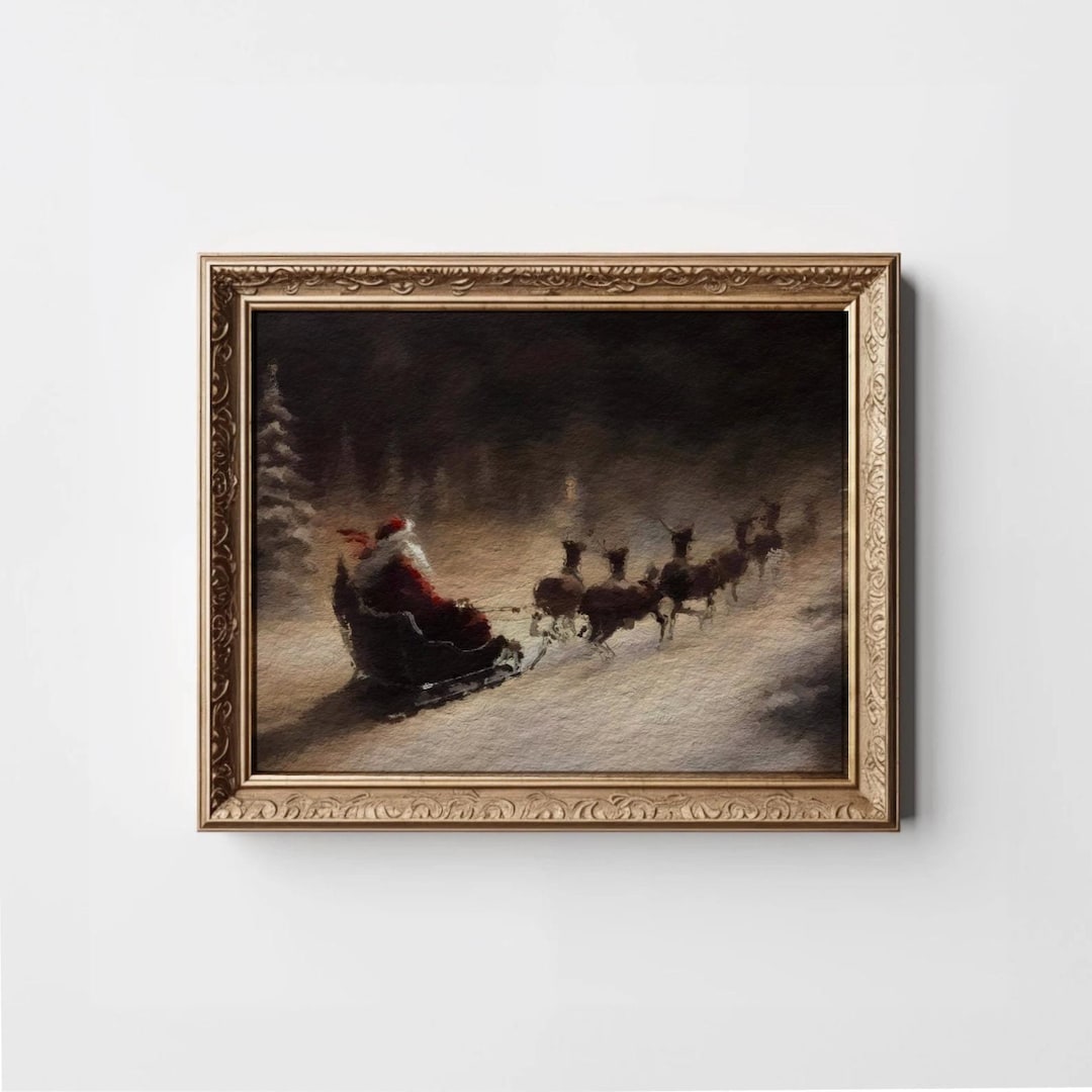 Moody Santa in Sleigh Print, Vintage Sleigh Painting, Christmas ...
