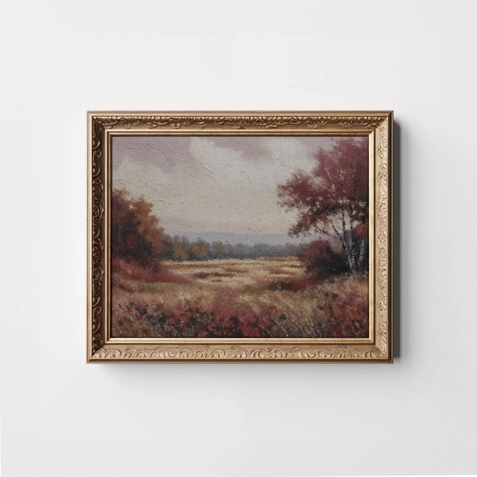 Dark Moody Fall Art Print, Burgundy Vintage Landscape Wall Art, Rustic ...