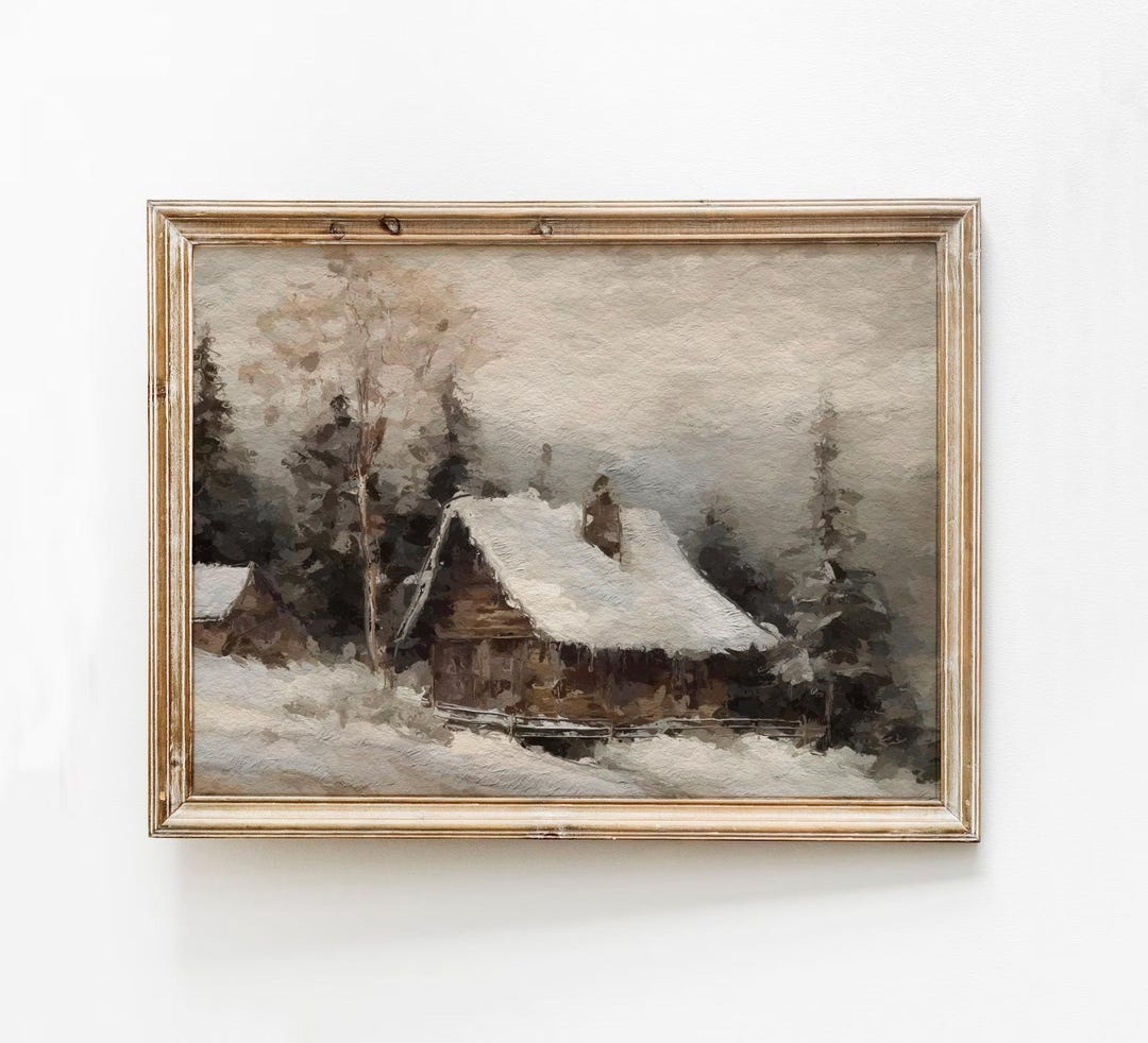 Rustic Cabin Landscape Painting, Log Cabin in the Woods Print, Snow ...