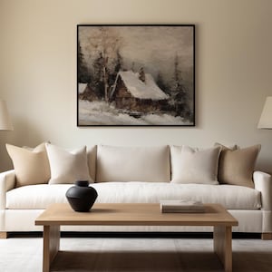 Rustic Cabin Landscape Painting, Log Cabin in the Woods Print, Snow ...