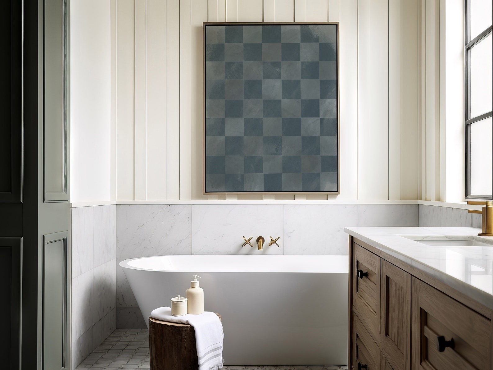 Checkered Wall Art, Modern Checkered Art Print, Moody Slate Blue Art ...
