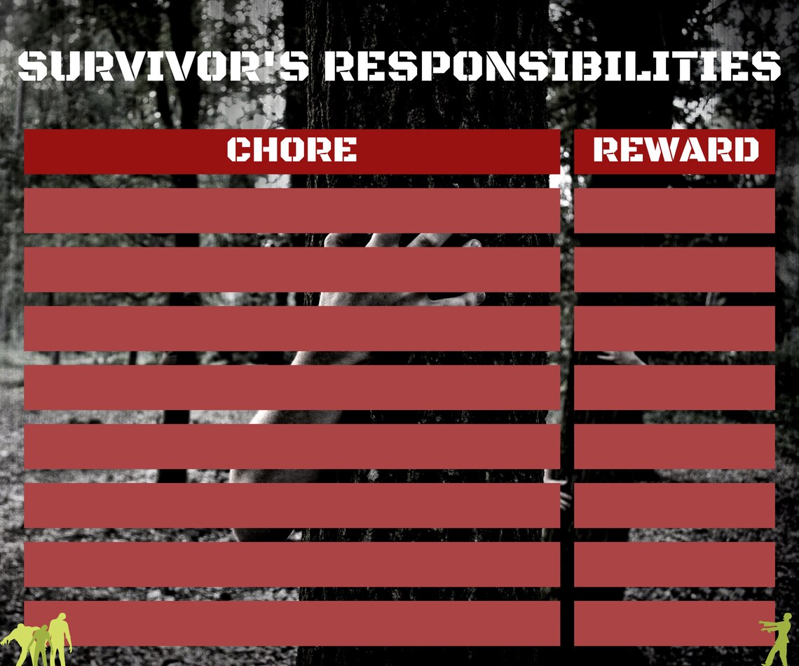 PRINTABLE Kids Chore Chart for Kids Simple Zombie Themed Rewards Chart ...