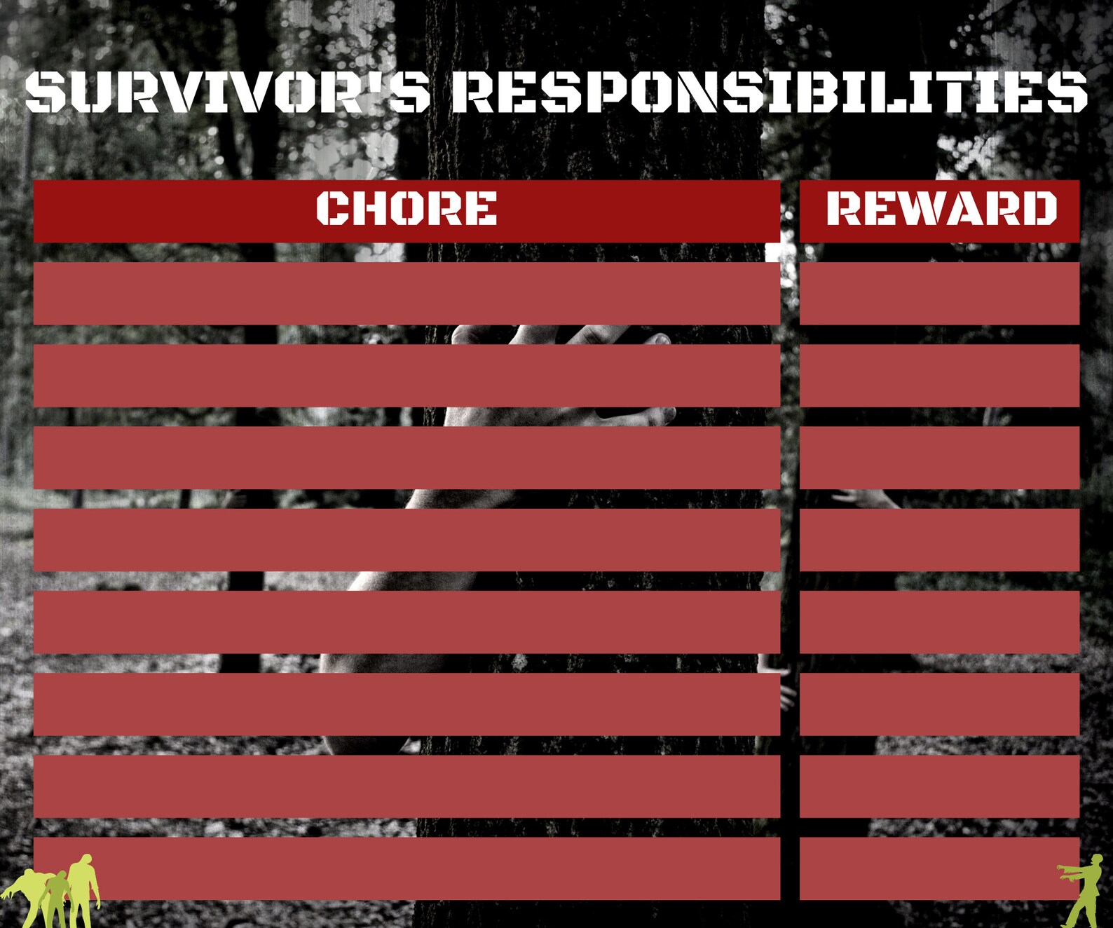 PRINTABLE Kids Chore Chart for Kids Simple Zombie Themed Rewards Chart ...