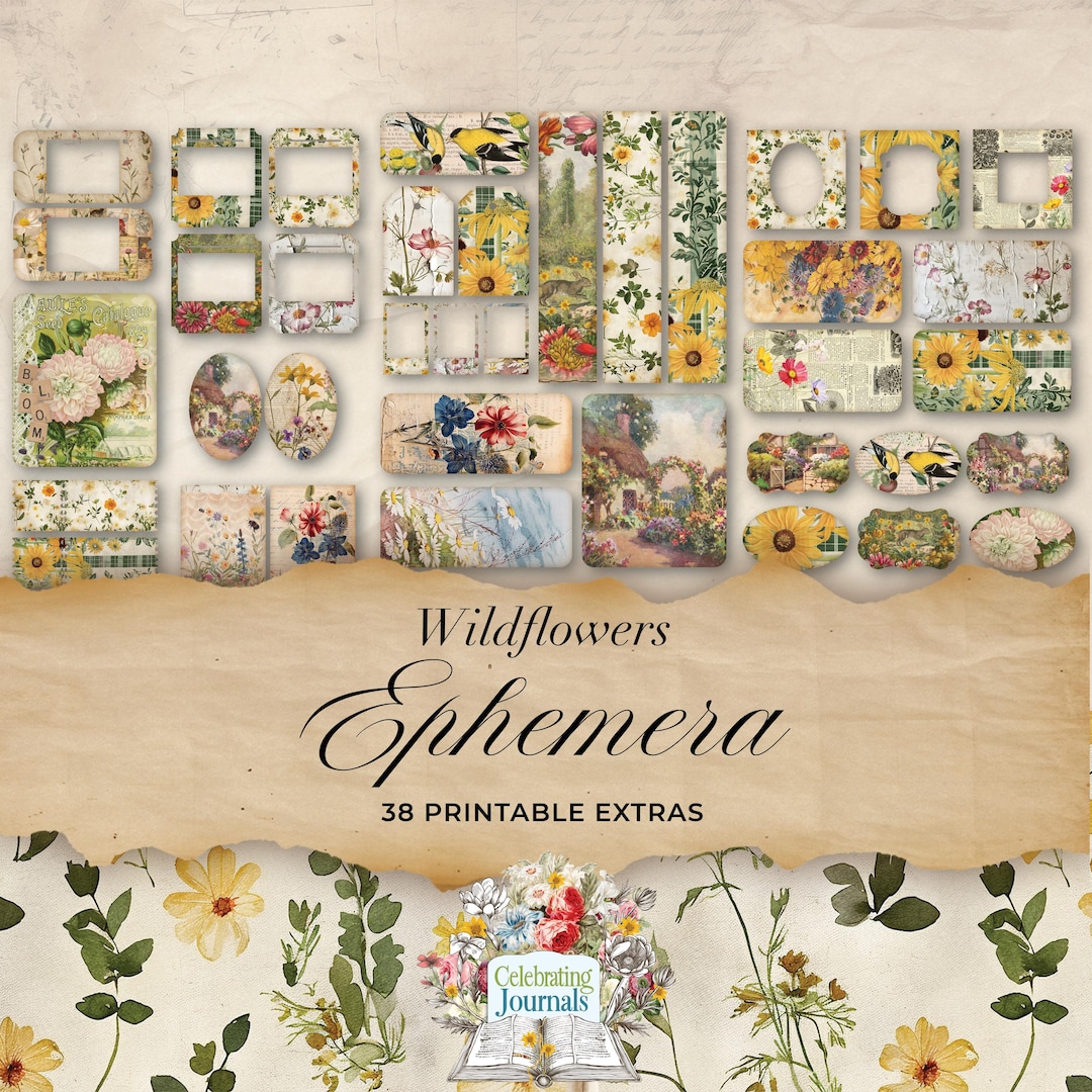 Wildflower Junk Journal Ephemera Cards, 38 Mini Extras Pack, Floral ...