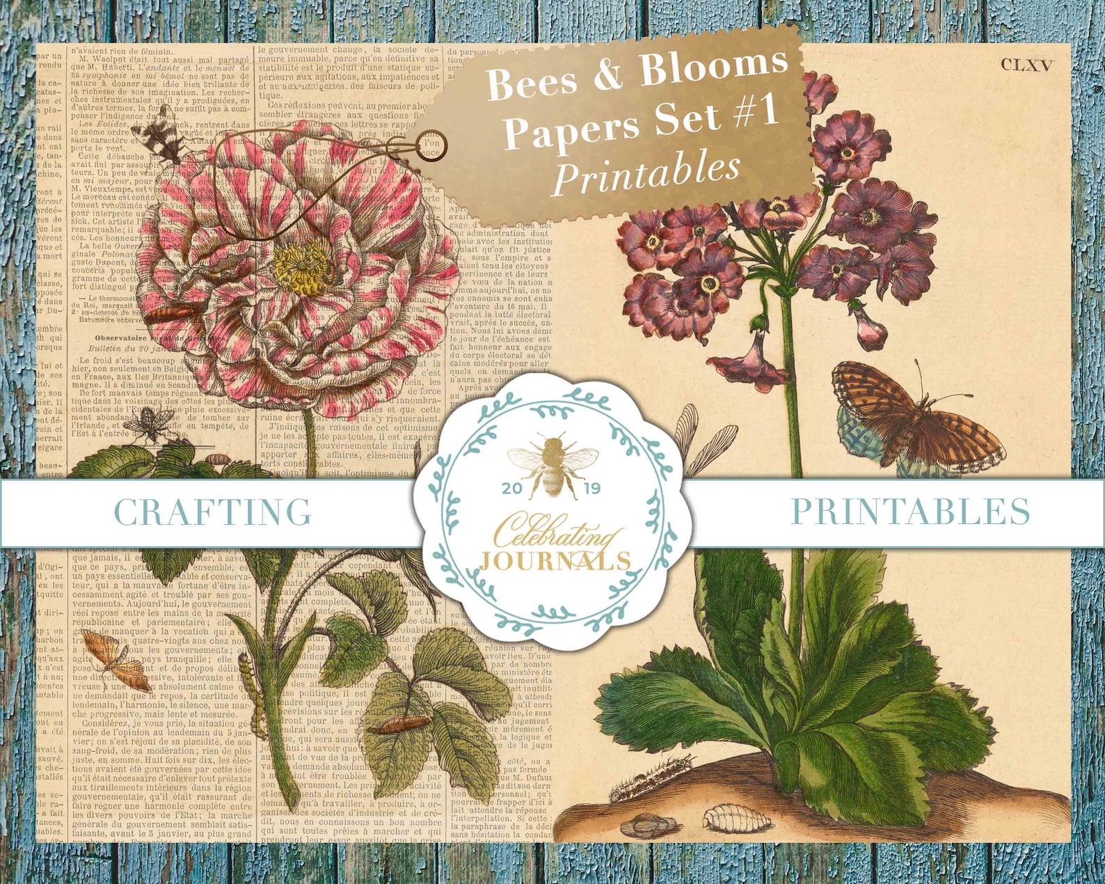 Bees & Blooms Printable Paper Background Set 1 for Junk - Etsy