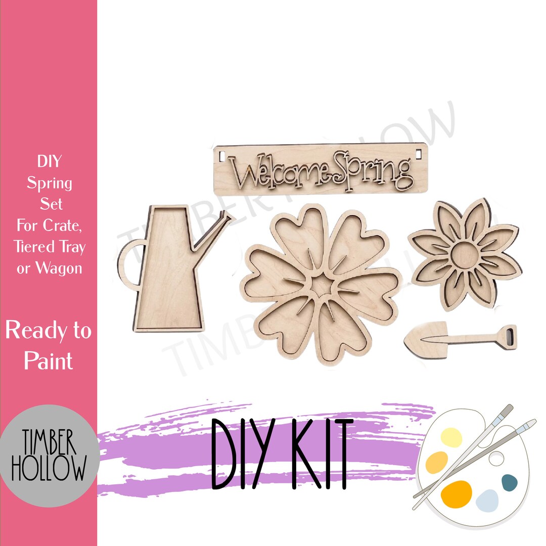 Welcome Spring DIY Set Unfinished Wood Blank Kit, Wagon Decor Crate ...