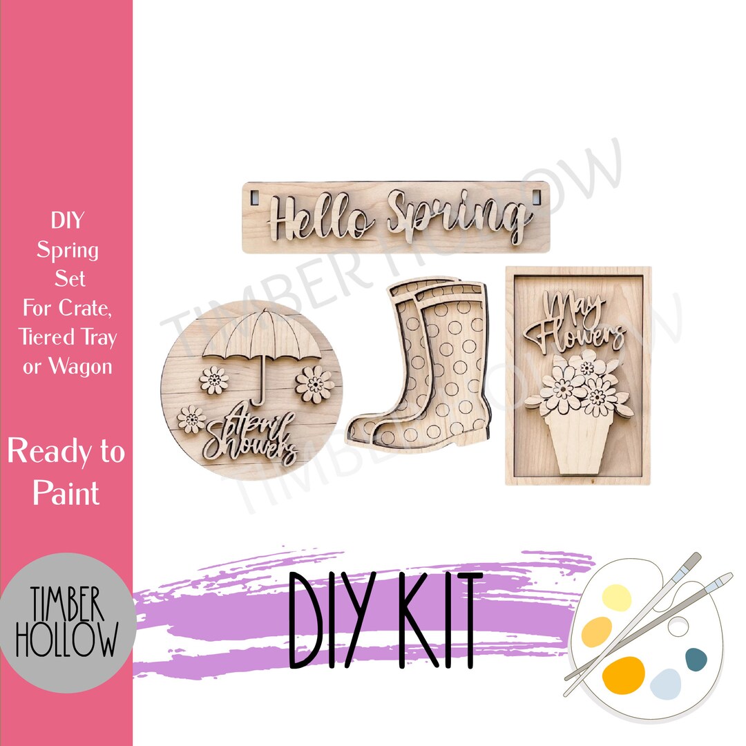 Hello Spring DIY Set Unfinished Wood Blank Kit, Wagon Decor Crate ...