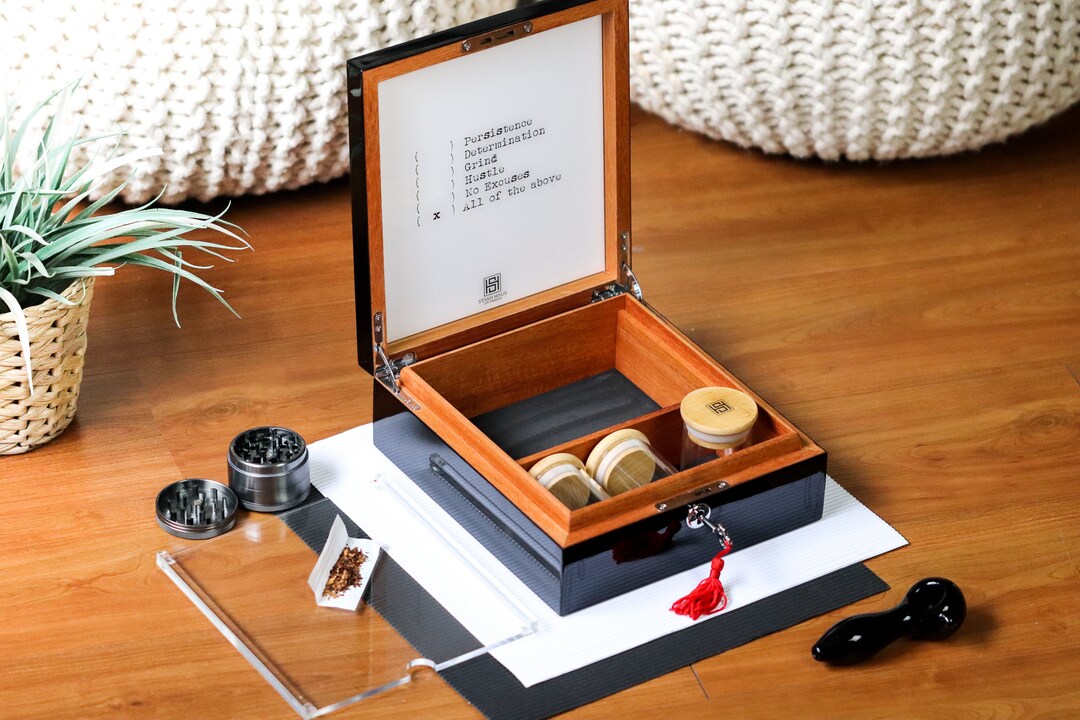 FULL Stash Box Set, Wooden Box, Black, Glass Smoking Pipe, Stash Jar ...