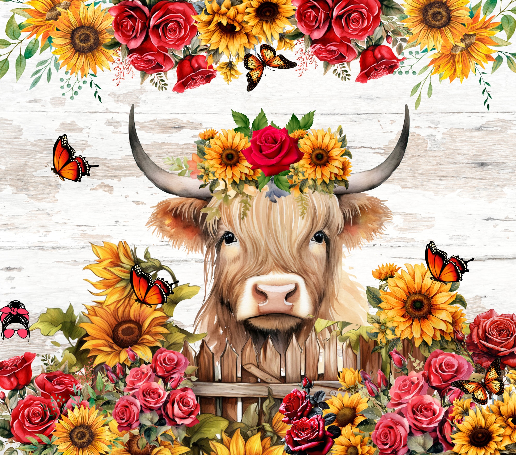 20 OZ Blond Highland Cow W/ Sunflowers Roses, Sunflower, Sublimation ...