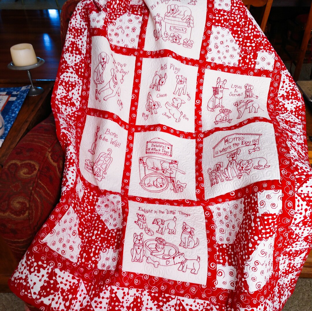 It's A Dog's Life Redwork Quilt - Machine Embroidery Pattern - Etsy