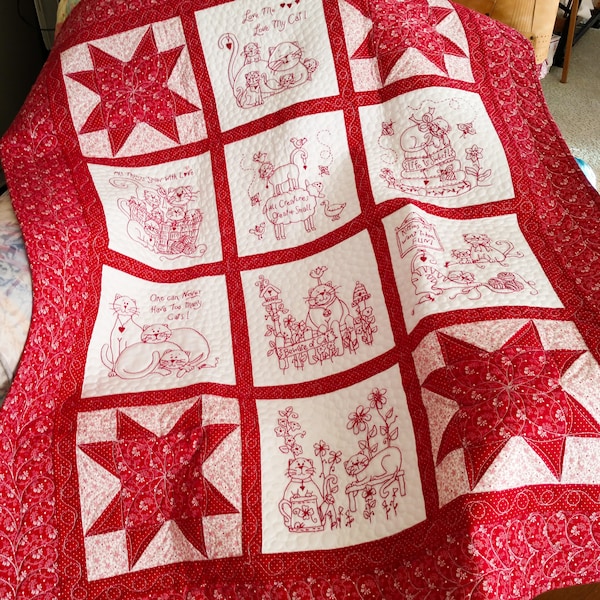 Redwork Quilt - Etsy