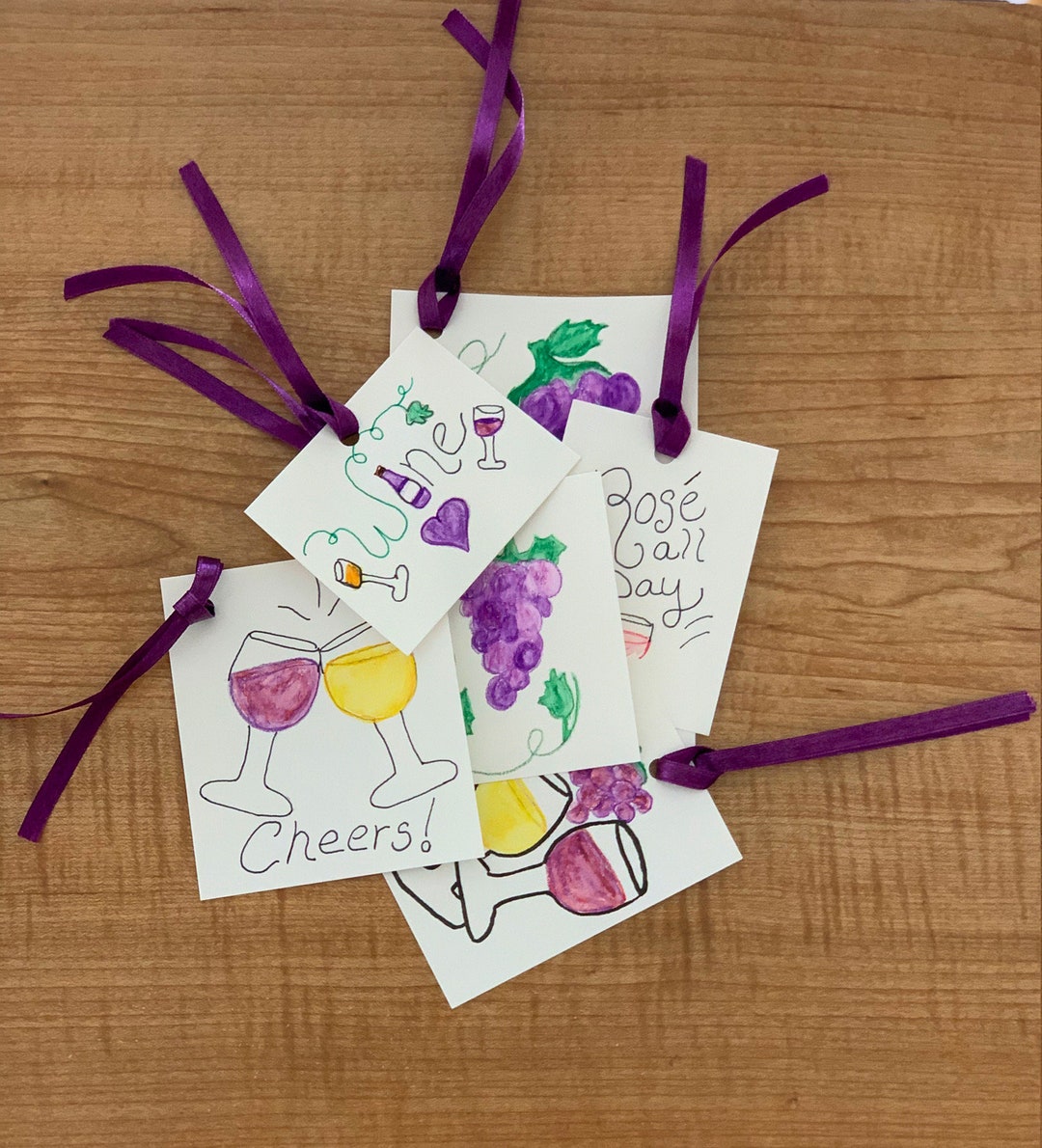 Wine Lovers Gift Tags, Handmade Winery Party Favor Tags, Hand Drawn ...