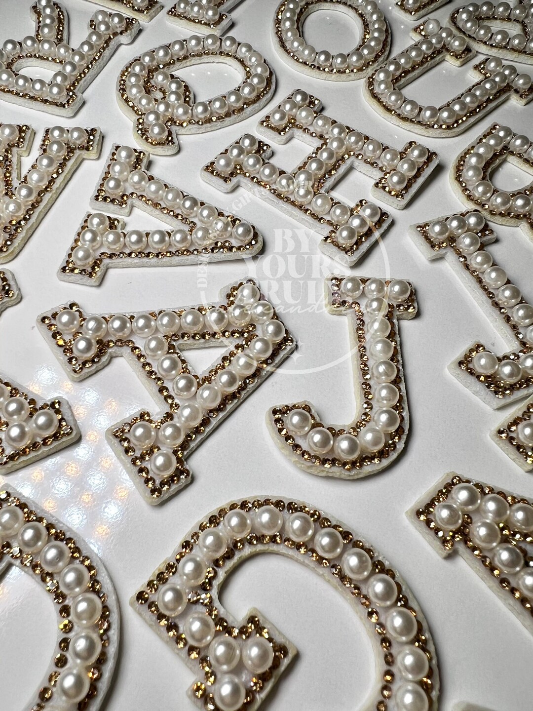 White Pearl & Yellow Gold/champagne Rhinestone Iron on Letter Patch ...