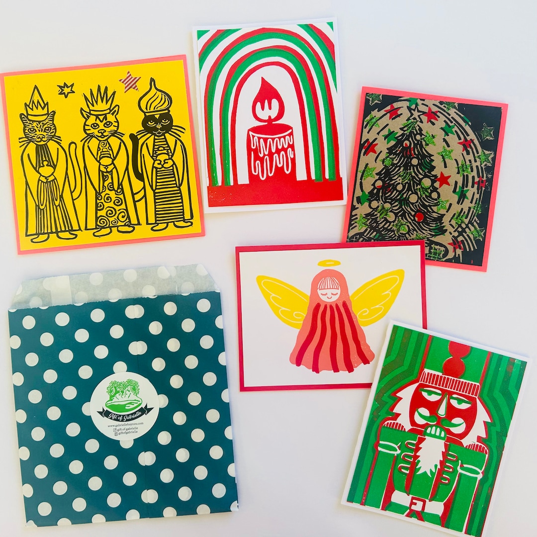 Christmas Card Mystery Bag // 5 Card Bundle // Linocut Greeting Cards ...