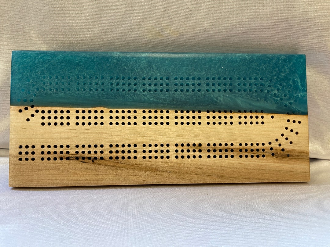 Live Edge Figured Maple Cribbage Board Designed With Teal Resin River ...