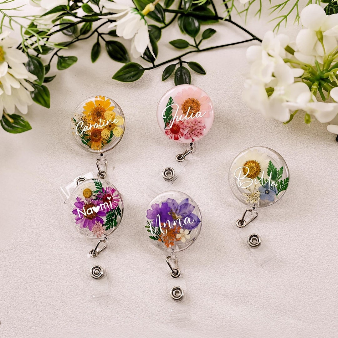 Personalized Pressed Flower Badge Reels, Custom Real Floral Badge With ...