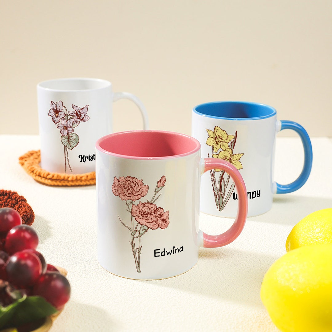 Personalized Birth Flower Coffee Mug With Name, Custom Birth Flower Mug ...