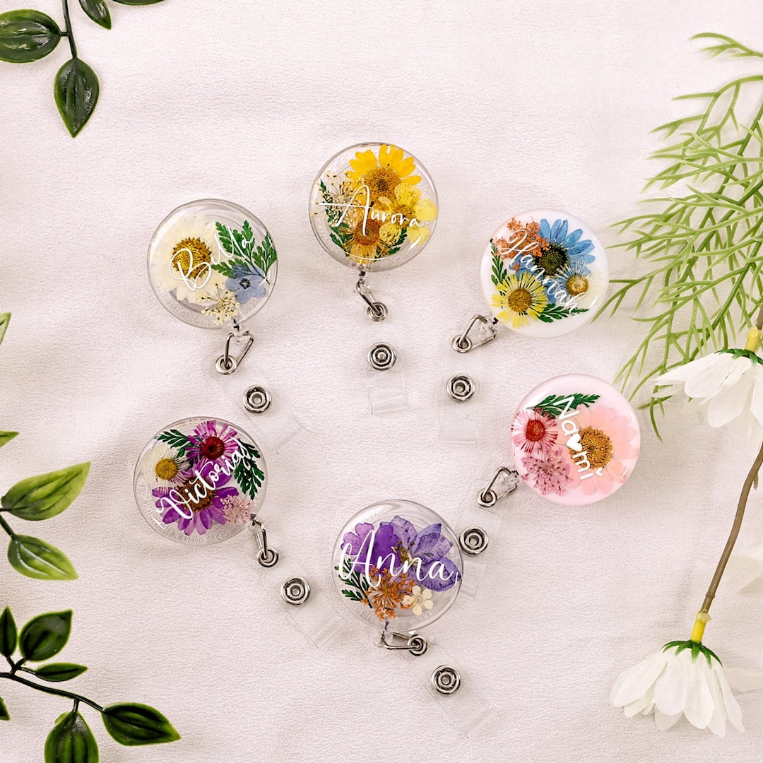 Real Flower Badge Reels Personalized, Custom Pressed Flower Badge Reel ...