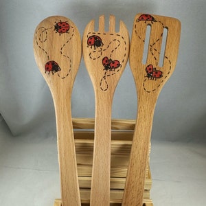 Ladybugs Wood Burned Beech Utensil Set, Pyrography Wood Burning Art ...