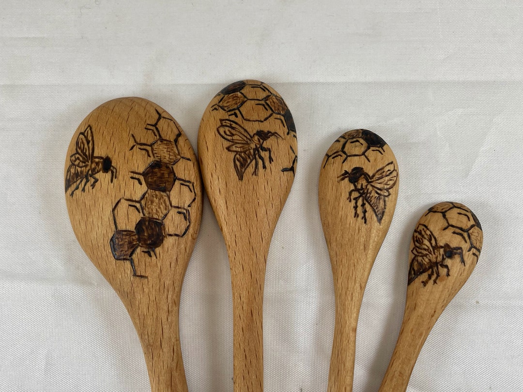 Honeybee Honeycomb Hexagons Wood Burned Measuring Spoon Set, Pyrography ...